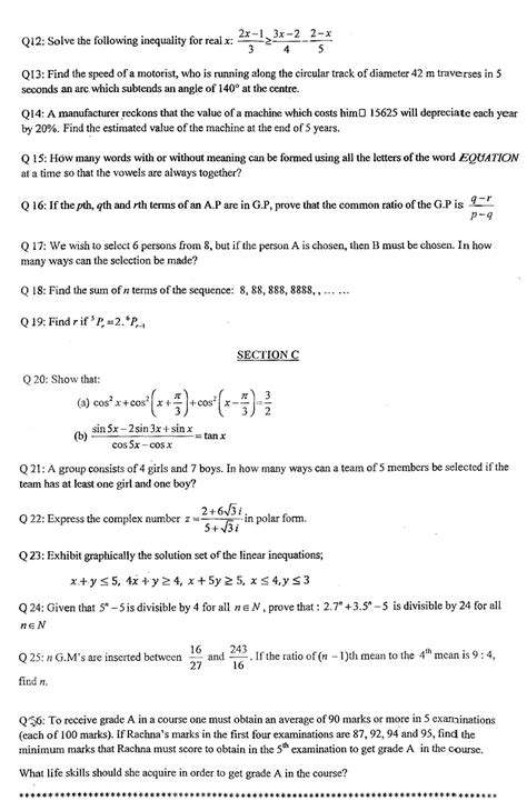 Class Xi Mathematics Bluebells International School First Term Question