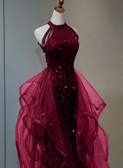 Wine Red Sequins With Tulle Long Party Dress Wine Red Halter Evening