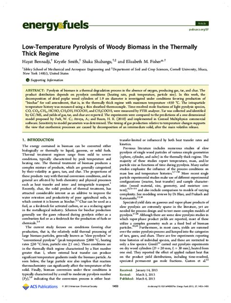 Pdf Low Temperature Pyrolysis Of Woody Biomass In The Thermally Thick Regime