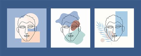 포스터 라인 맨 페이스 와 잎 세트 한 줄 그리기 스타일입니다 디자인 의류 카드 메모장 포스터에 대한 벡터 일러스트레이션 개념에 대한 스톡 벡터 아트 및 기타 이미지