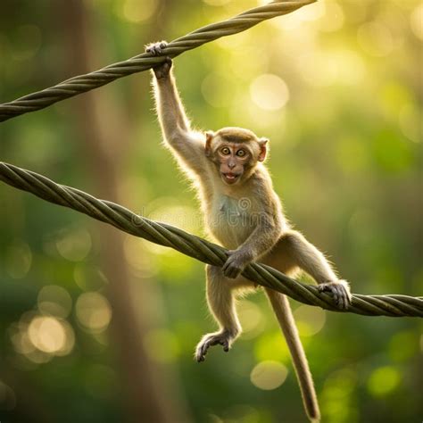 A Small Monkey With Light Brown Fur Is Playfully Hanging From Two