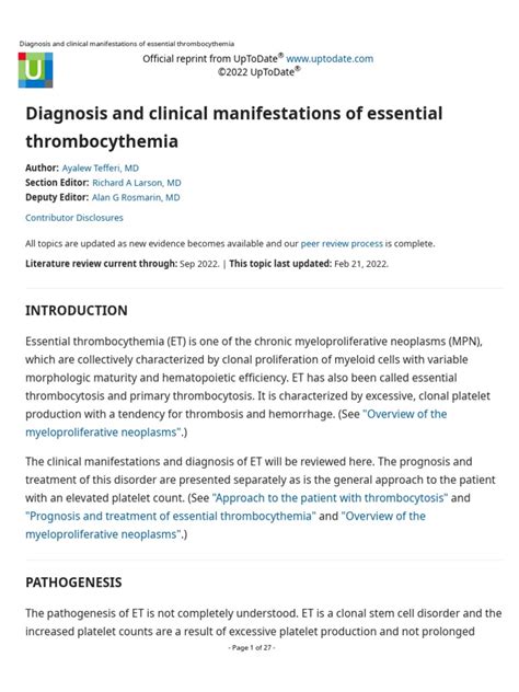 Diagnosis And Clinical Manifestations Of Essential Thrombocythemia