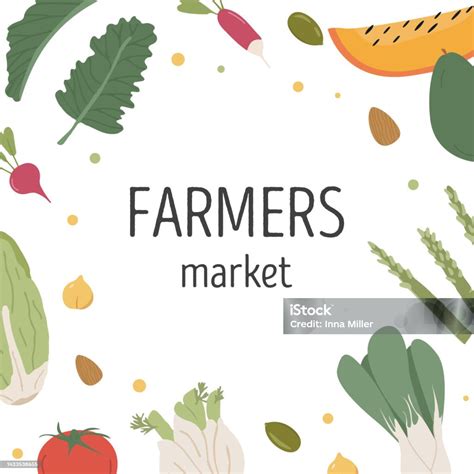 신선한 농장 채소의 원형 경계가있는 유기농 채소 배경 농부 시장을위한 건강한 채식주의 자 채식 음식을 가진 사각형 카드 디자인 가을과 여름 수확의 플랫 벡터 일러스트레이션