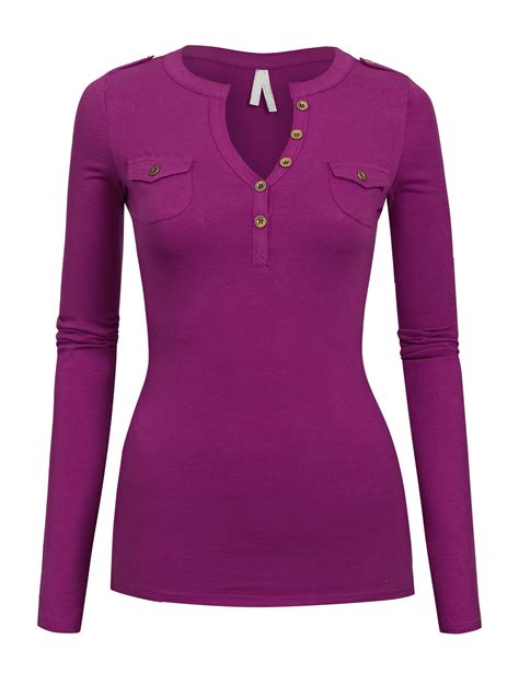 Kayleexo Sexy Women Long Sleeve Low Cut Button Down Henley Pocket