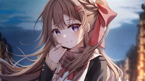 Light Purple Eyes Brown Hair Anime Girl With Black Dress Standing In