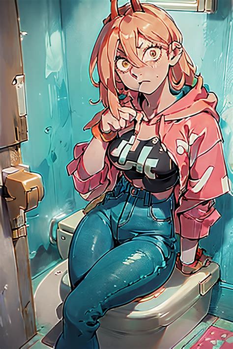 Anime Girl Sitting On A Toilet In A Bathroom With A Pink Hoodie Seaart Ai