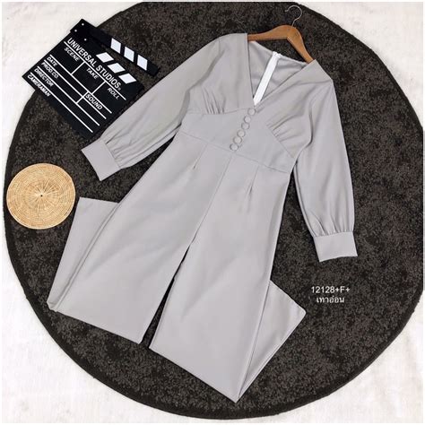 จั๊มสูทขายาว มีหลายสี คอวี แขนยาว ขาทรงกระบอก ทรงเรียบหรู เสื้อผ้าแฟชั่น ชุดออกงาน 12128