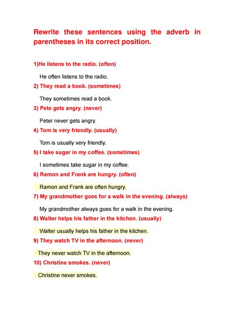 Ordenar Oraciones De Ingles Rewrite These Sentences Using The Adverb In Parentheses In Its