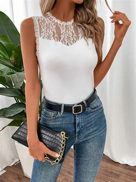 Shein Frenchy Contrast Lace Mock Neck Tank Top Shein Uk