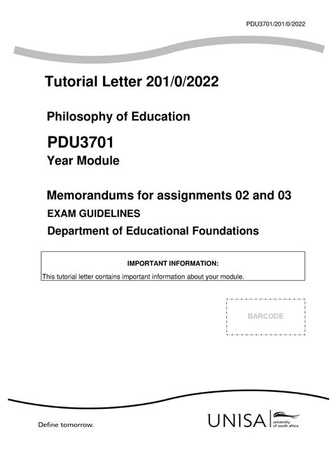 201 2022 0 B Tut Letter PDU3701 201 0 Tutorial Letter 201 0 Philosophy Of Education PDU