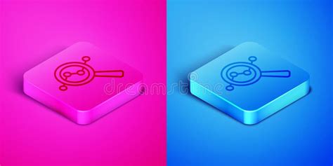 Isometric Line Magnifying Glass And Data Analysis Icon Isolated On Pink And Blue Background