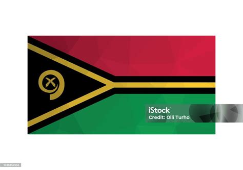 벡터 일러스트레이션 바누아투의 공식 사령관 빨간색 녹색 검은 색 및 노란색의 국기 삼각형 모양의 낮은 폴리 스타일의 창의적인