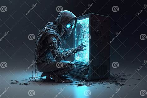 Hacker Robot Hacks Into A Computer With A Database The Concept Of
