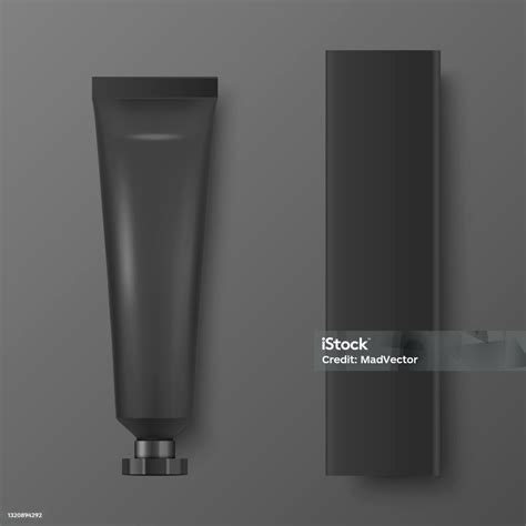 벡터 3d 현실적인 플라스틱 금속 검은 치아 페이스트 크림 튜브 흰색 배경에 고립 된 판지 포장 치약 화장품 크림 칫솔질용 치아 페이스트 의 디자인 템플릿 맨 위 보기 3