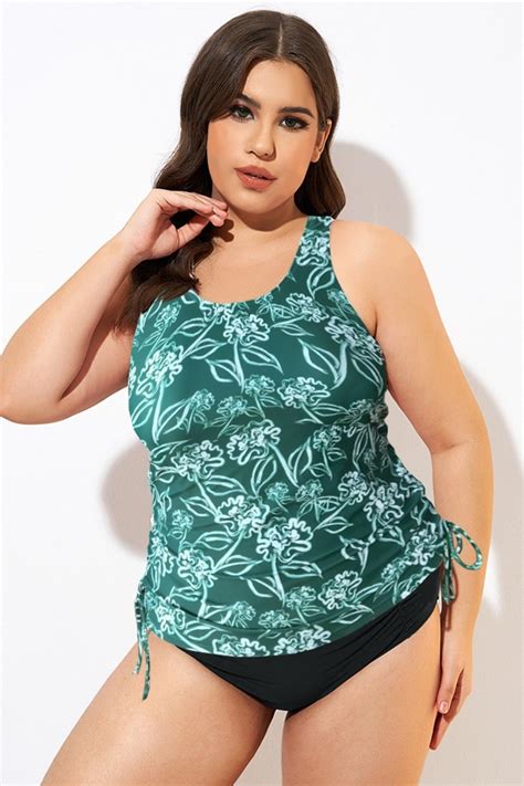 Green Floral Print Side Tie Racerback Tankini Top Meetcurve Meetcurve