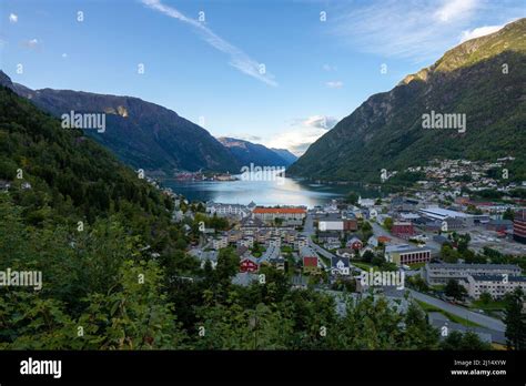 Bird's eye view of the cityscape of Odda, Norway, among the hills Stock ...