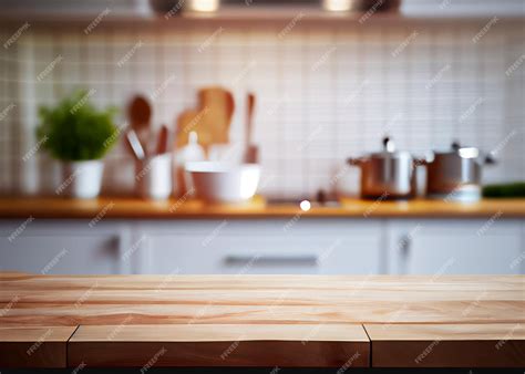 Premium Photo Wood Table Top On Blur Kitchen Counter Background For