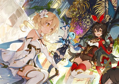 Lumine Eula Amber And Baron Bunny Genshin Impact Drawn By