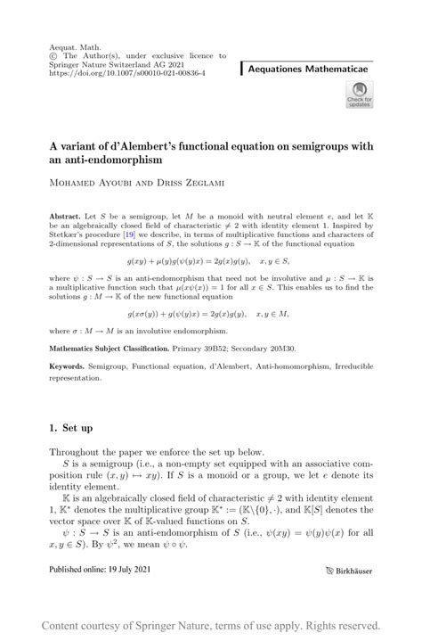 A Variant Of Dalemberts Functional Equation On Semigroups With An Anti Endomorphism Request Pdf