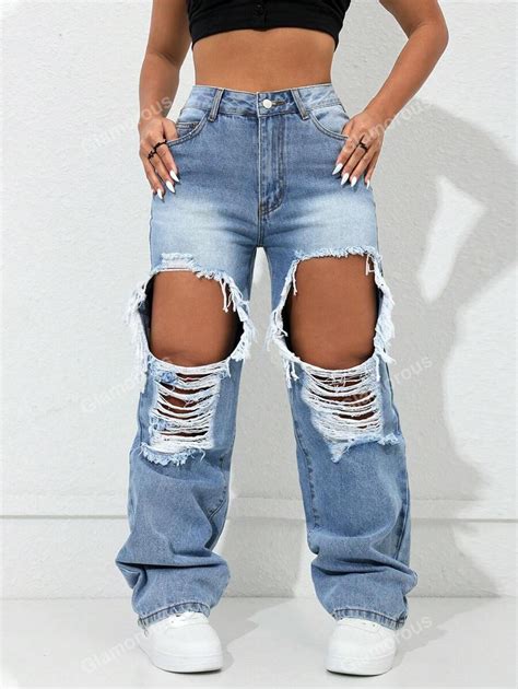 Street High Waist Slant Pocket Ripped Straight Leg Jean Scowgirl Outfit