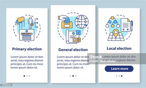 선형 개념의 모바일 앱 페이지 화면에 온보딩하는 선거 지역 일반 정치인 선출 세 가지 연습 단계 그래픽 지침입니다 Ux Ui 그림이 있는 Gui 벡터 템플릿 3에 대한 스톡
