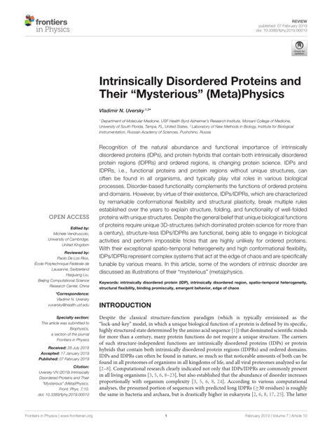 Pdf Intrinsically Disordered Proteins And Their “mysterious” Meta