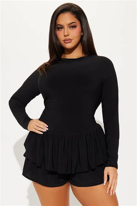 Just A Girl Long Sleeve Romper Black Fashion Nova