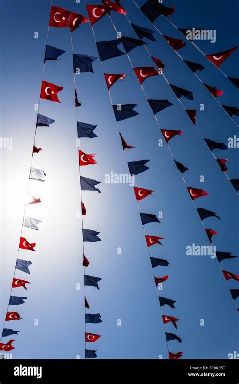 At The Taksim Place Turkish National Flags And European Flags Hang