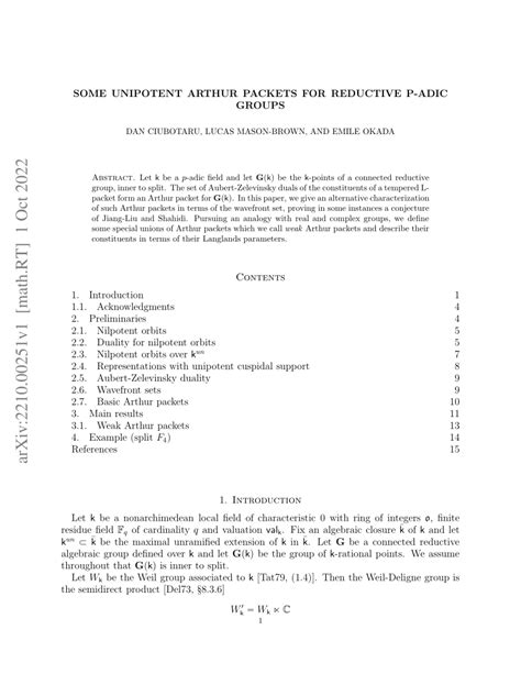 PDF Some Unipotent Arthur Packets For Reductive P Adic Groups