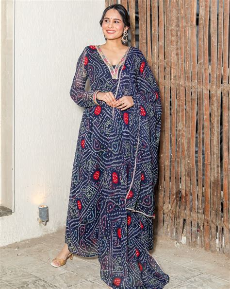 Brinda Blue Bandhani Suit Set Thread And Button