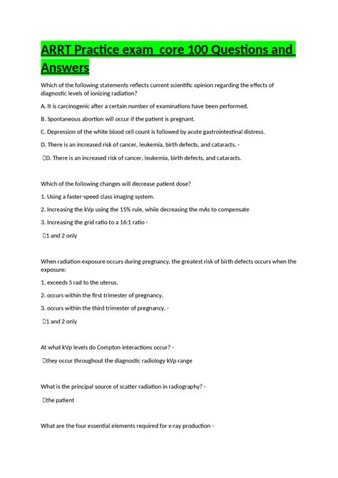 ARRT Practice Exam Core Questions And Answers Exams Nursing Docsity