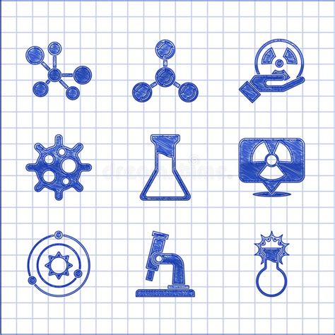 Set Test Tube And Flask Microscope Radioactive In Location Solar System Virus And Molecule