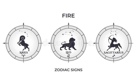 Fire Zodiac Signs Aries Leo And Sagittarius Astrology And Horoscope Symbols Stock Vector