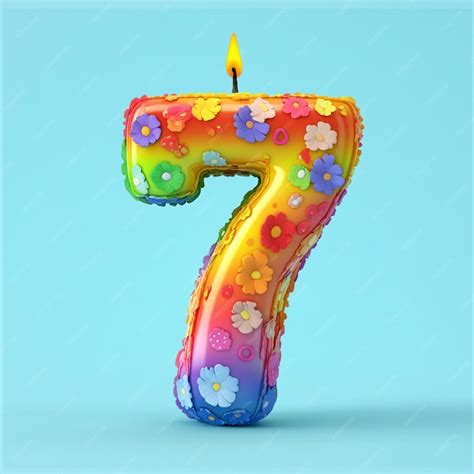 A Bright Rainbow Themed 3d Render Of Number Seven Shaped Festive Candle Premium Ai Generated Image