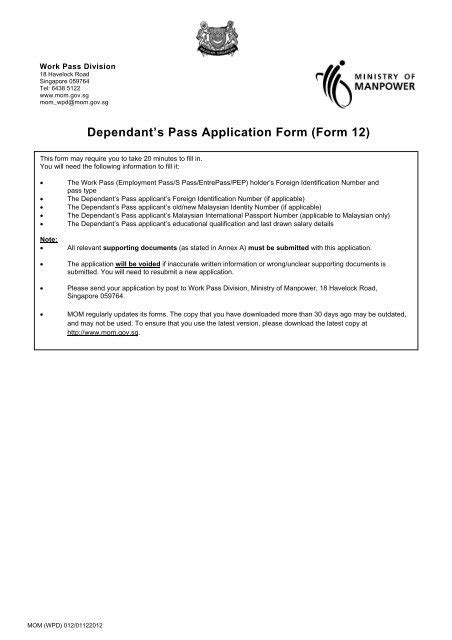 Dependants Pass Application Form Form 12 Ministry Of Manpower
