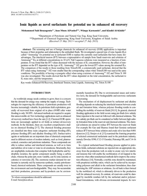 Ionic Liquids As Novel Surfactants For The Potential Use In Enhanced Oil Recovery Pdf