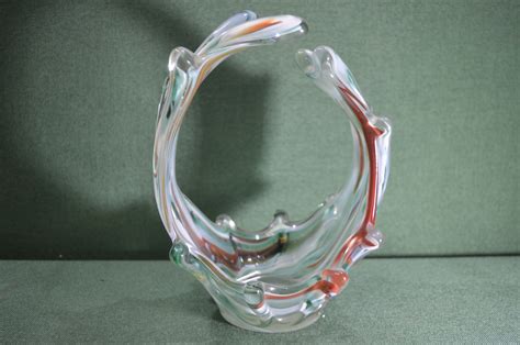 Купить Ваза стеклянная конфетница Тяжелая цветное стекло гутная техника оранжево зеленая