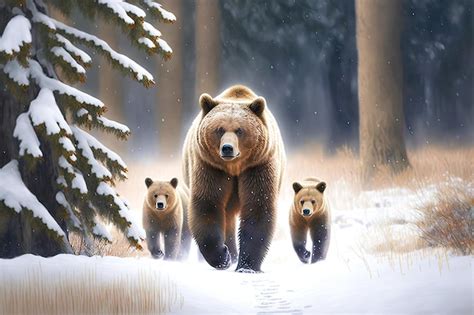 Premium Ai Image Light Brown Bear With Cubs Walks Through Snow On