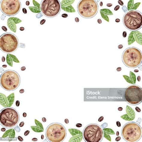 수채화 손으로 그린 테두리 프레임에는 카푸치노 커피 컵 신선하고 볶은 콩 녹색 잎이 있습니다 흰색 배경에 격리 초대장 카페 레스토랑 음식 메뉴 인쇄 웹 사이트 카드