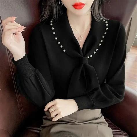 Athvotar V Neck Beading Bow Long Sleeve Blouse Loose Casual Spring