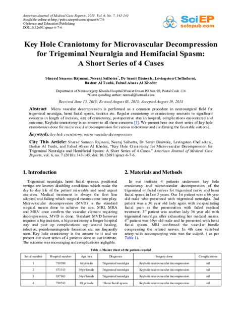Fillable Online Key Hole Craniotomy For Microvascular Decompression For