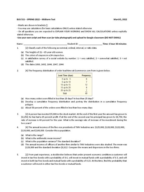 Nsu Bus 511 Spring2022 Midterm Exam Pdf Mean Skewness