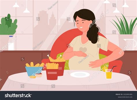 Hungry Pregnant Woman Eating Illustration Cartoon Stock Illustration