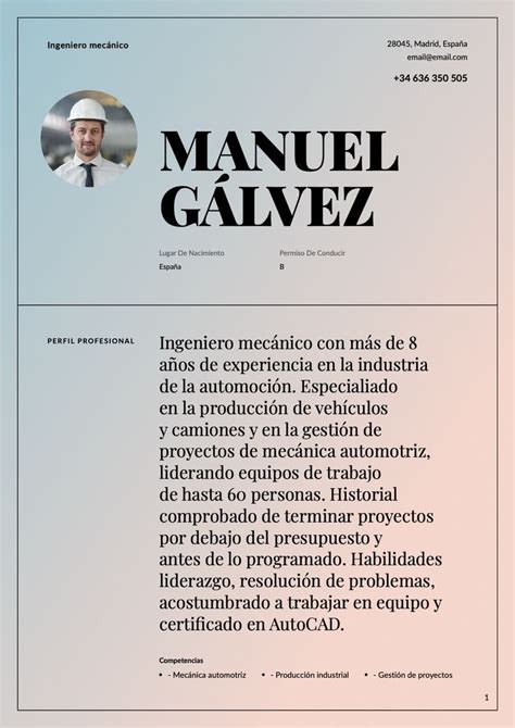 Modelo de Currículum Vitae Ingeniero mecánico Ingeniero mecánico