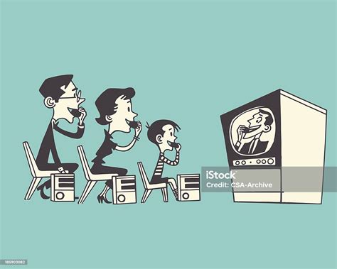 패밀리 Tv 시청 복고풍에 대한 스톡 벡터 아트 및 기타 이미지 복고풍 텔레비전 텔레비전 산업 Istock