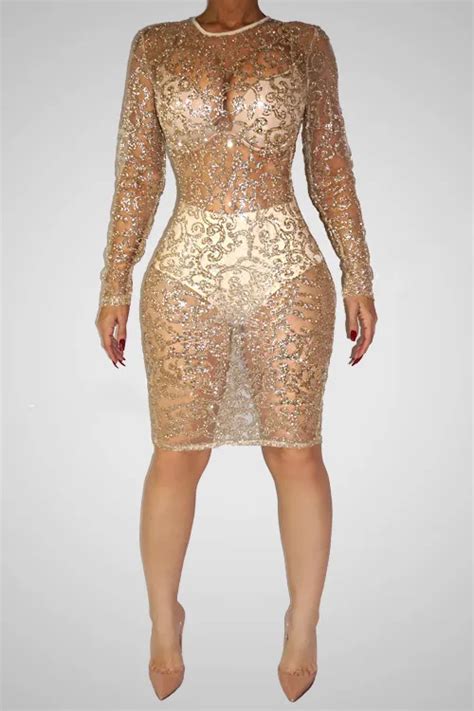 Women Dress Mesh Hollow Out See Through Bodycon Robe Sexy Hot Sequin