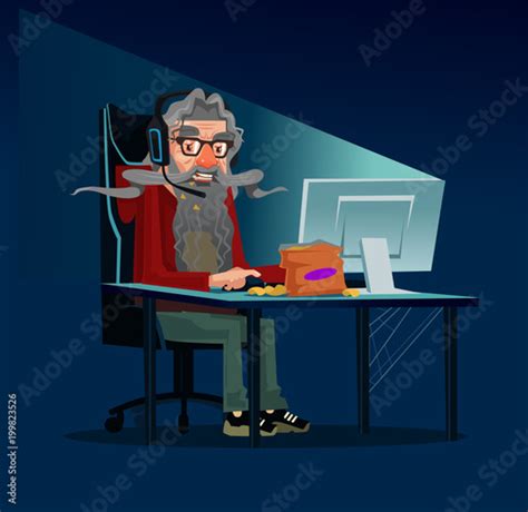 Happy Smiling Modern Grandfather Grandpa Old Man Gamer User Character Sitting On Table And Play