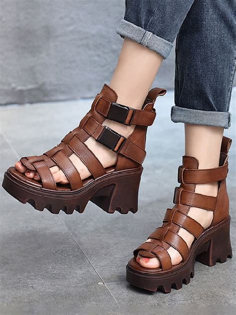 Simple Solid Color Hollow Out Platform Sandals In 2024 Leather High