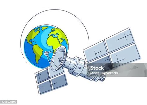 지구 주위를 도는 위성 우주 비행 태양 전지 패널과 위성 안테나 플레이트통신 우주선 우주 정거장 가는 선 3d 벡터 그림입니다 0명에 대한 스톡 벡터 아트 및 기타 이미지