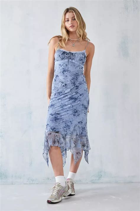 Uo Quartz Blue Floral Flocked Mesh Midi Dress Urban Outfitters